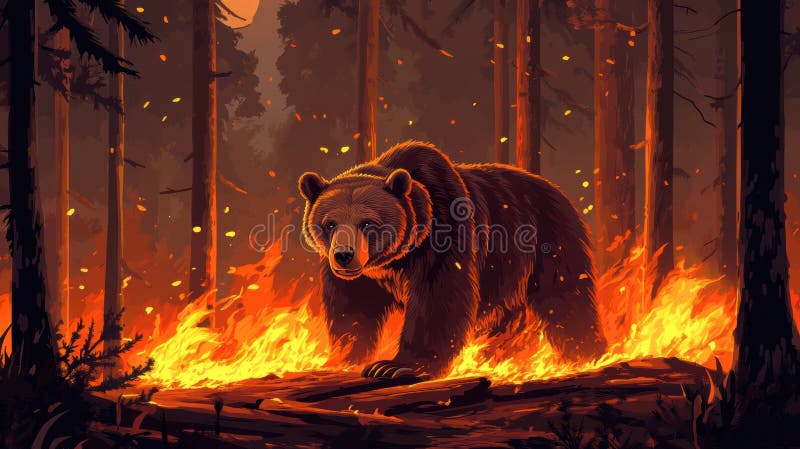 A Bear Walking through a Forest on Fire with Trees in the Background ...