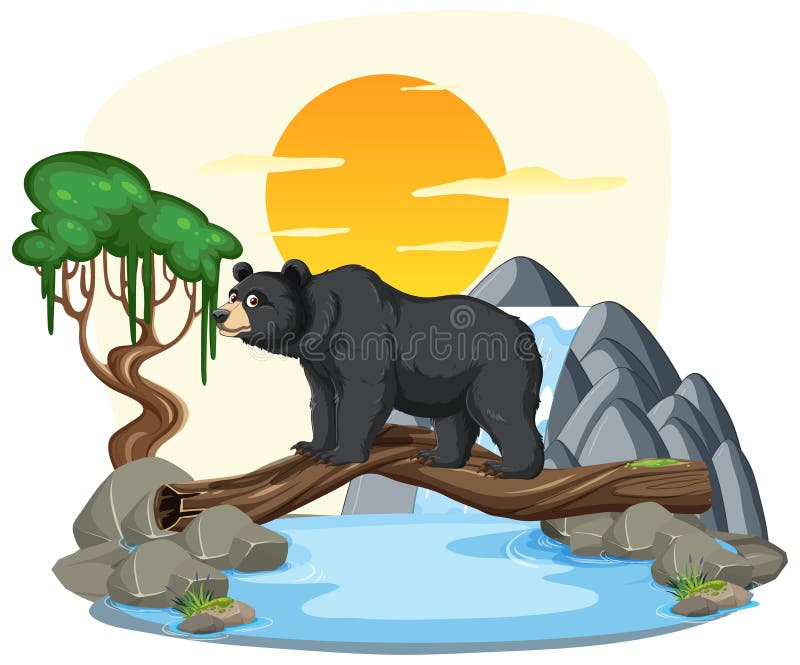 A Bear Walking Over a Log Bridge Stock Vector - Illustration of sunset ...