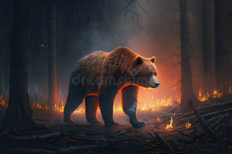 Bear Walks through Burning Forest, with Flames and Smoke Surrounding it ...