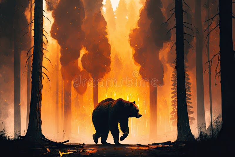 Bear Walks among Burning Trees, with Smoke Rising into the Sky Stock ...