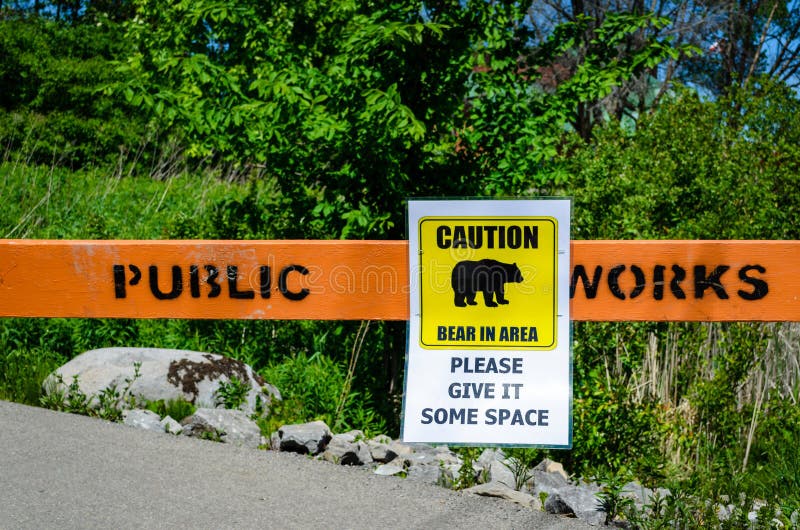 Bear Warning Sign on Park Pathway with Trees Stock Photo - Image of ...