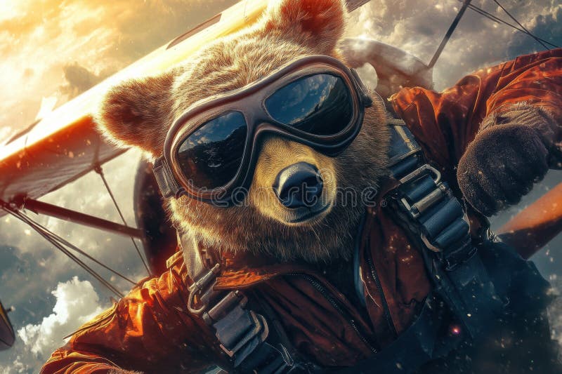 A Bear Wearing Goggles and a Red Jacket is Flying a Plane Stock ...