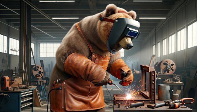 Bear Welding in Workshop stock photo. Image of surreal - 300583622