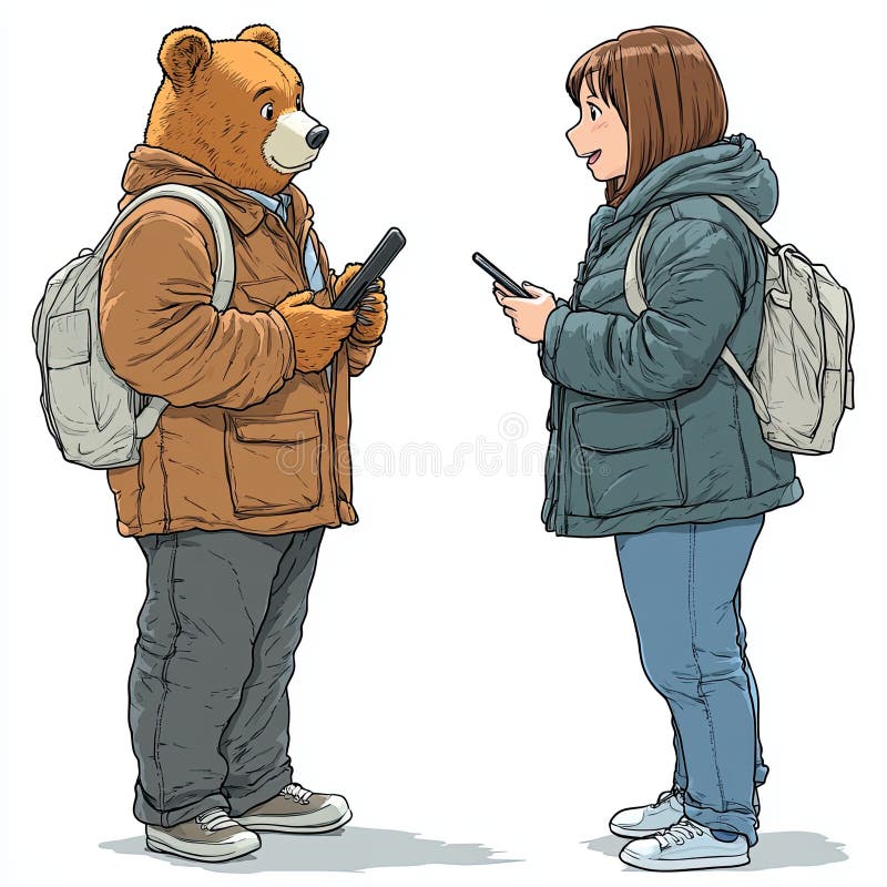 Bear and Woman Chatting on Smartphones, Both Wearing Backpacks Stock ...