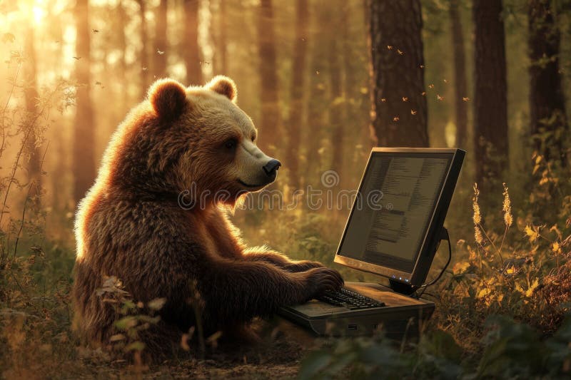 A Bear Working on a Computer in a Serene Forest during the Peaceful ...
