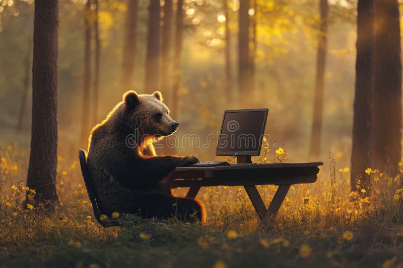 A Bear Working on a Computer in a Tranquil Forest during a Beautiful ...