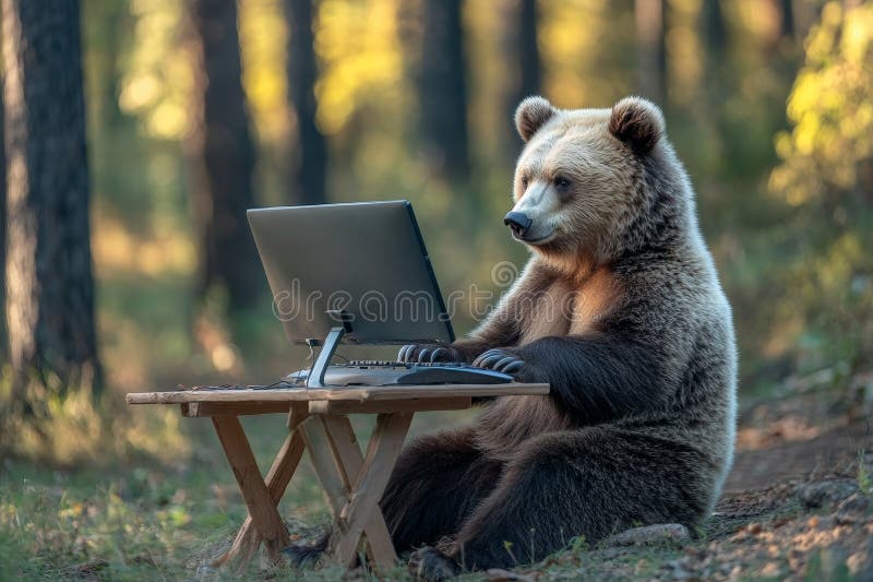 A Bear Working on a Computer in a Tranquil Forest during a Peaceful ...