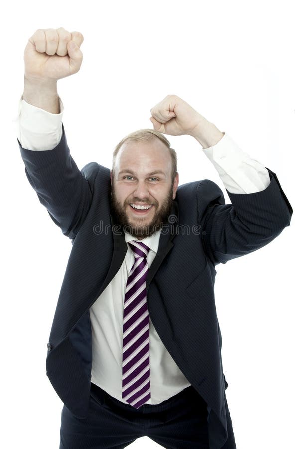 Beard Business Man Wins with Arms in the Air Stock Photo - Image of ...