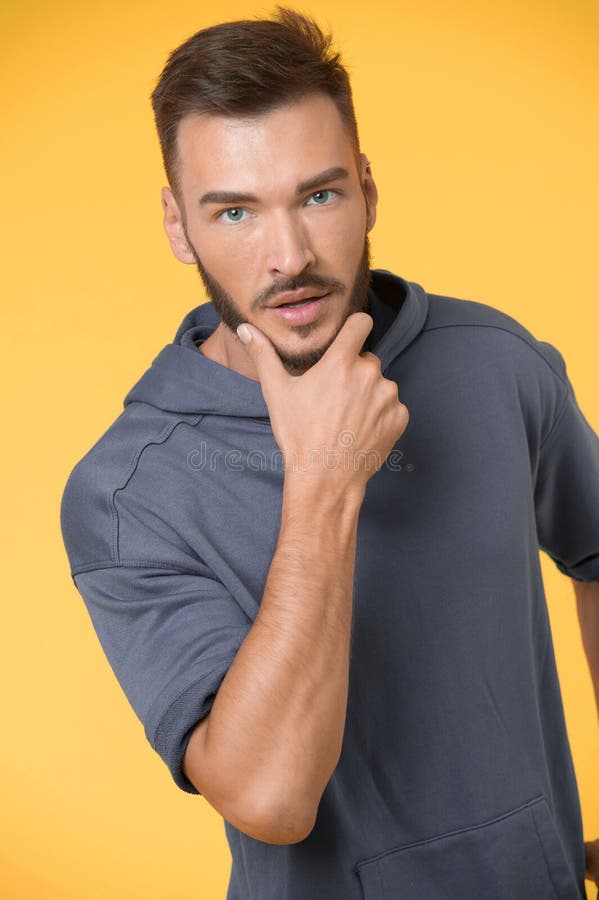 Beard Concept. Handsome Man Touch Beard with Hand. Bearded Man with ...