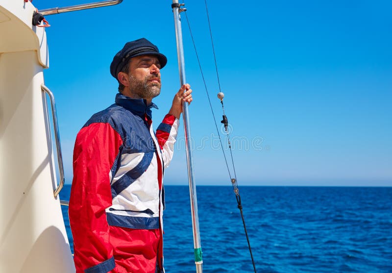 Beard Sailor Man Sailing Sea in a Boat Captain Cap Stock Photo - Image ...