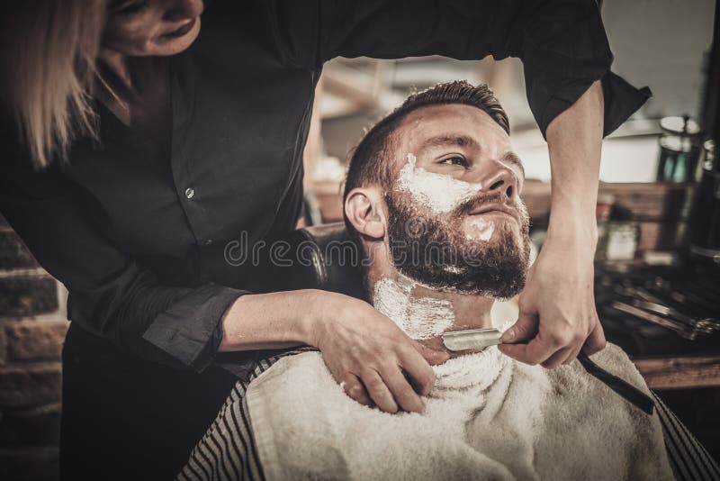 Beard Shaving in Barber Shop Stock Image - Image of foam, mustache ...