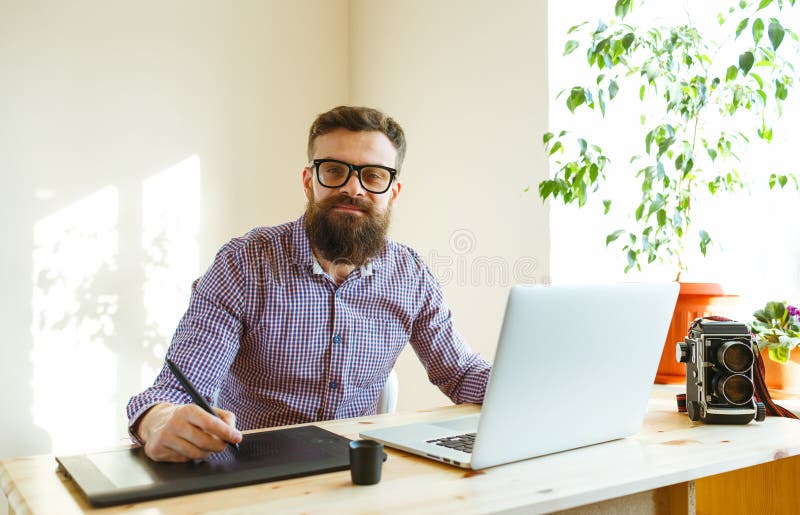 Beard Young Man Working from Home Stock Photo - Image of attractive ...