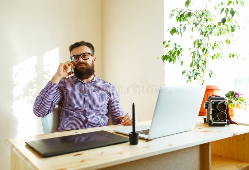 Beard Young Man Working from Home Stock Image - Image of beard, home ...