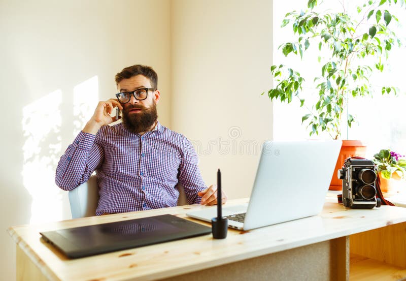 Beard Young Man Working from Home Stock Image - Image of mobility ...