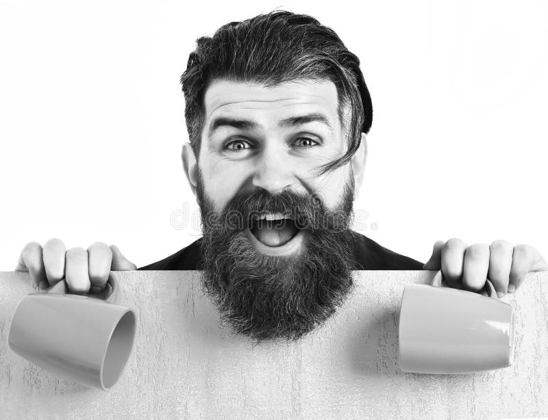 Bearded Brutal Caucasian Hipster with Paper Sheet and Cups Stock Image ... Bearded Brutal Caucasian Hipster with Paper Sheet and Cups Stock Image ...