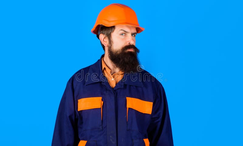 Bearded Builder or Architect in Uniform and Safety Helmet. Construction ...