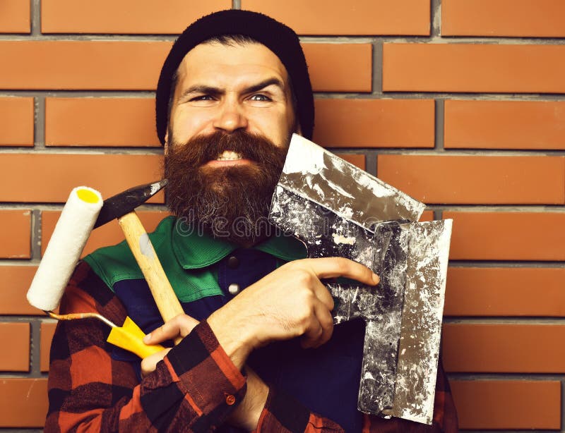 Bearded Builder Man Holding Various Building Tools with Happy Face ...