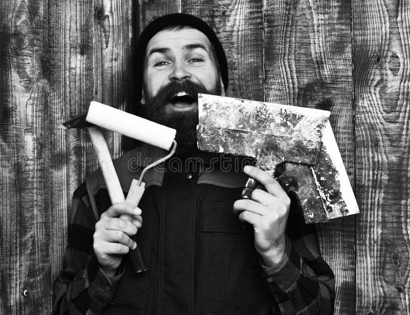 Bearded Builder Man Holding Various Building Tools with Happy Face ...