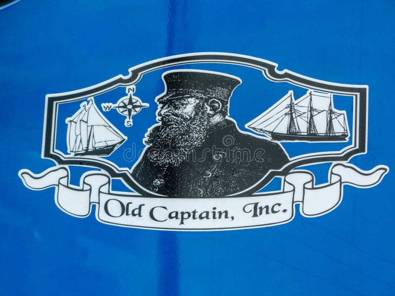 Bearded Captain Emblem with Vintage Ships on Vibrant Blue Background ...