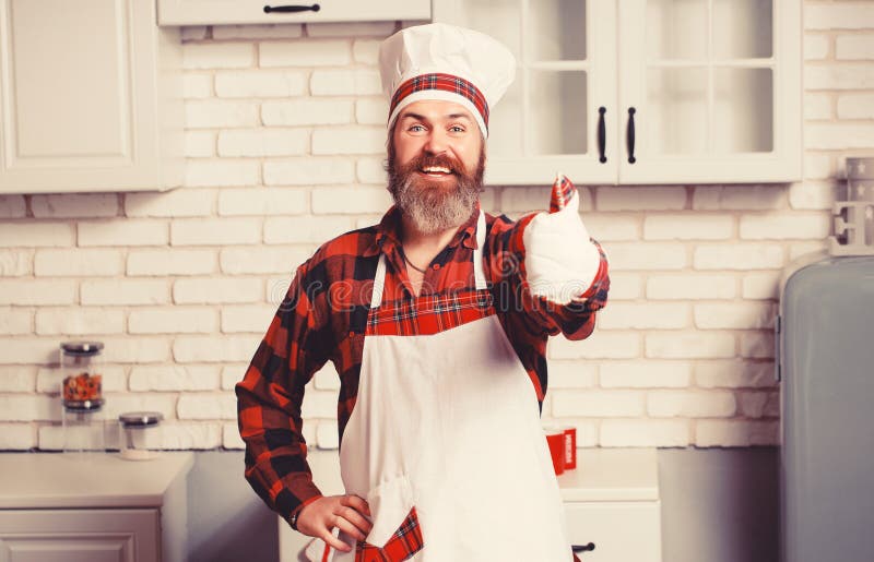 Bearded Chef, Cook, Baker Gesturing Excellent. Chef in White Hat and ...