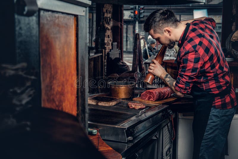 Bearded Chef Cooking Beef Steak Stock Image - Image of pork, dinner ...