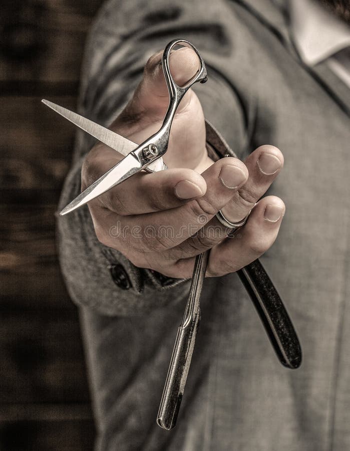 Bearded Client Visiting Barber Shop Barber Scissors And Straight Razor