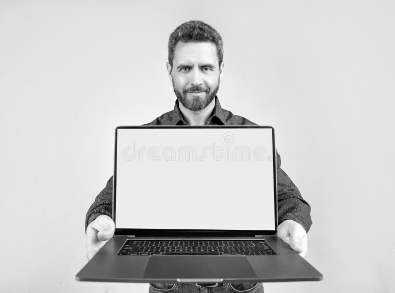 Bearded Computer Guy Hold Open Laptop with Neon Green Screen for Copy ...