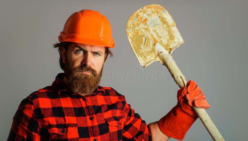 Bearded Construction Worker in Hard Hat with Spade. Builder in Work ...