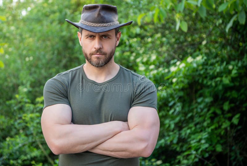 Bearded Cowboy Wearing Hat. Caucasian Cowboy in Hat Stock Image - Image ...
