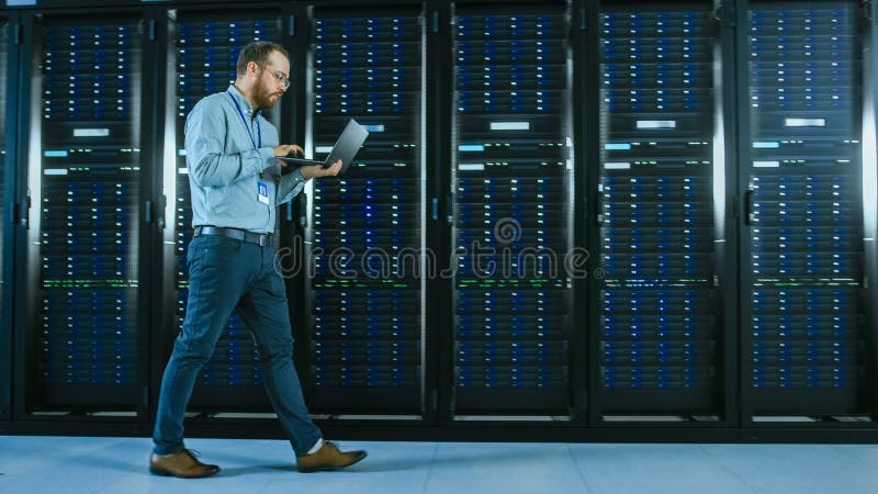 Bearded Data Center it Professional Walking through Server Rack ...