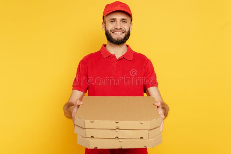 Bearded Delivery Man in Red Uniform with Pizza Boxes on Yellow Stock ...
