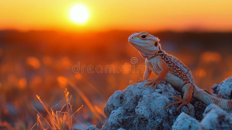 Bearded Dragon Basking on a Rock during a Vibrant Sunset in the Wild ...