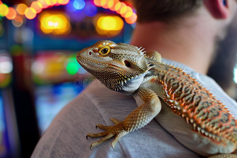 Bearded Dragon Lizard on Shoulder with Arcade Lights Stock Illustration ...
