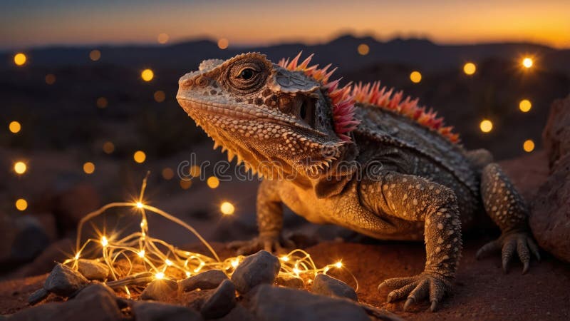 Magical Sunset Lizard with Fairy Lights Stock Illustration ...