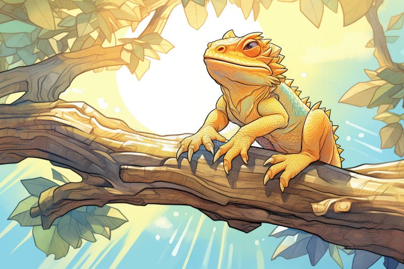 Bearded Dragon Resting on Tree Branch with Sun Rays Stock Image - Image ...