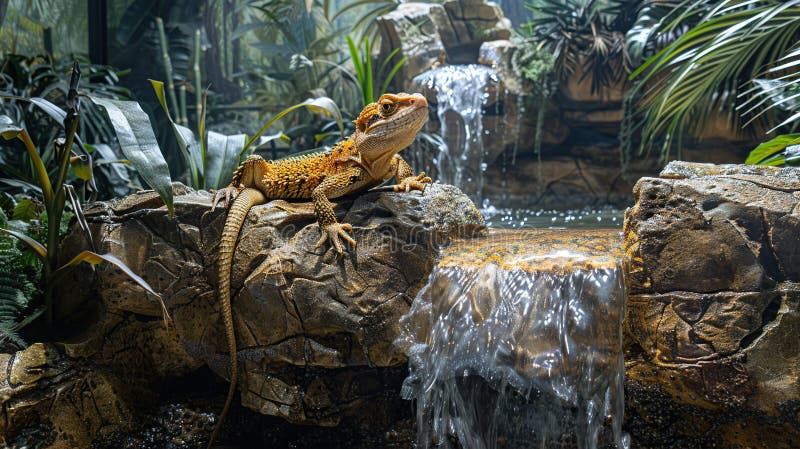 Bearded Dragon on a Rock by a Waterfall Stock Illustration ...