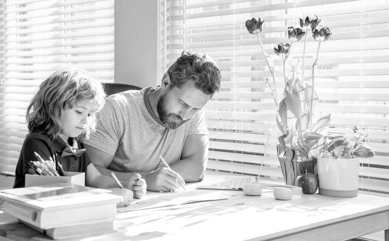 Bearded Father Writing School Homework with His Child Son in Classroom ...