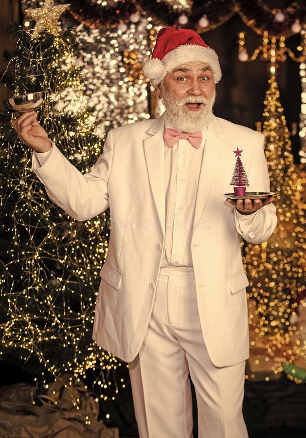 Bearded Grandfather Man Celebrate Christmas Elegant Grandpa In Suit