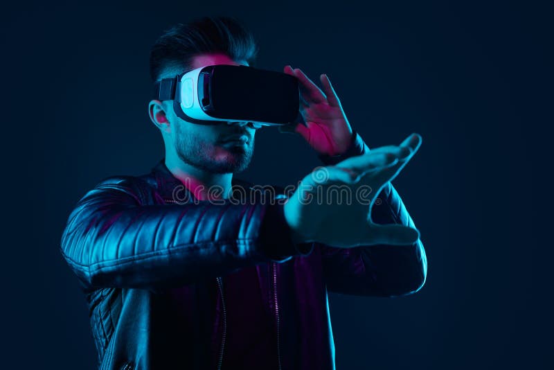 Gamer in VR Headset Exploring Virtual World Stock Image - Image of neon ...