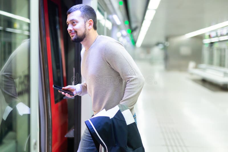 Bearded Guy Getting into Subway Train at Station Stock Photo - Image of ...