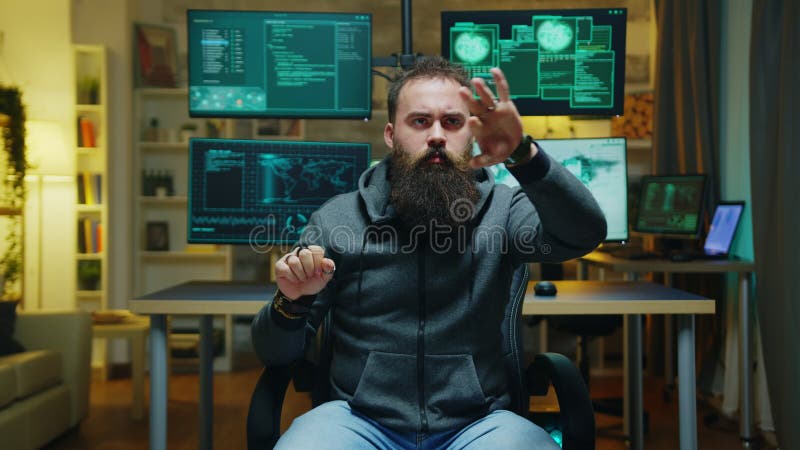 Bearded Hacker Doing Hand Gestures Using Augmented Reality Stock Footage - Video of science ...