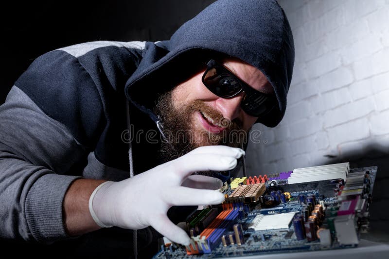 Bearded Hacker in Sunglasses and Hoodie Cracking the Hardware Stock ...