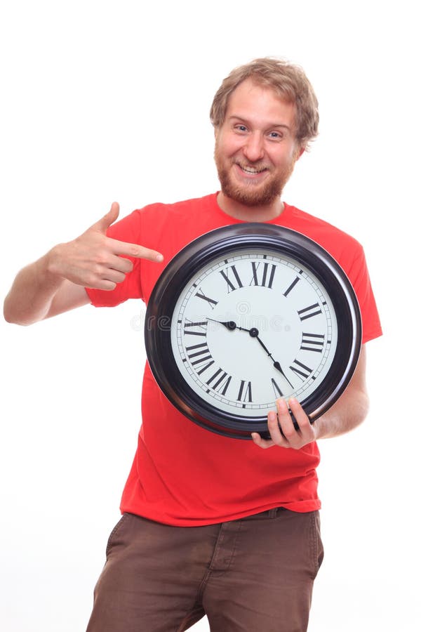 Bearded Happy Man Holding Big Clock and Smiling Stock Image - Image of ...