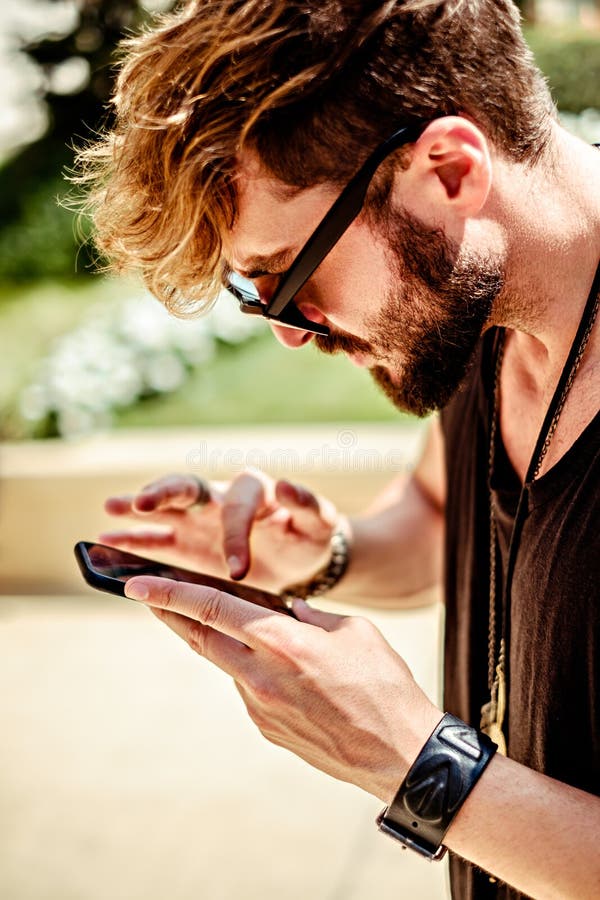Bearded Hipster Man Touching Mobile Phone Screen Stock Image - Image of ...
