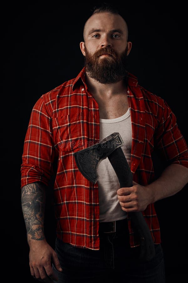 Man with Red Shirt and Axe Posing Near Tree Stock Photo - Image of ...