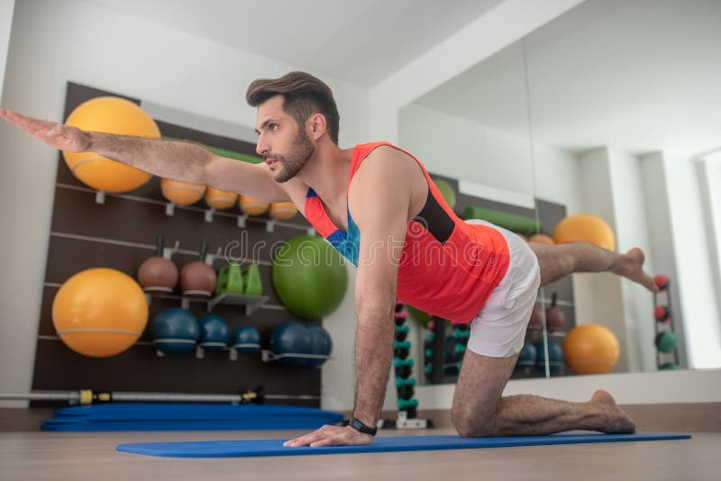 Bearded Male Practising Bird Dog Exercise in the Gym Stock Photo ...