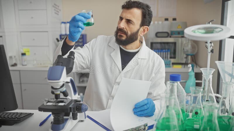 A Bearded Male Scientist Examines a Green Liquid in a Laboratory ...