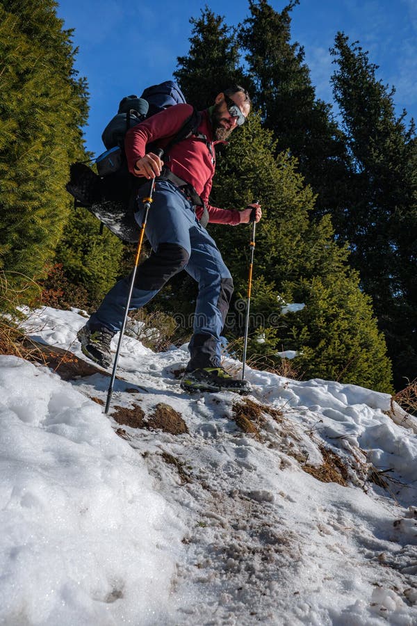 Bearded Man with a Backpack Hikes in the Mountains in Winter Stock ...