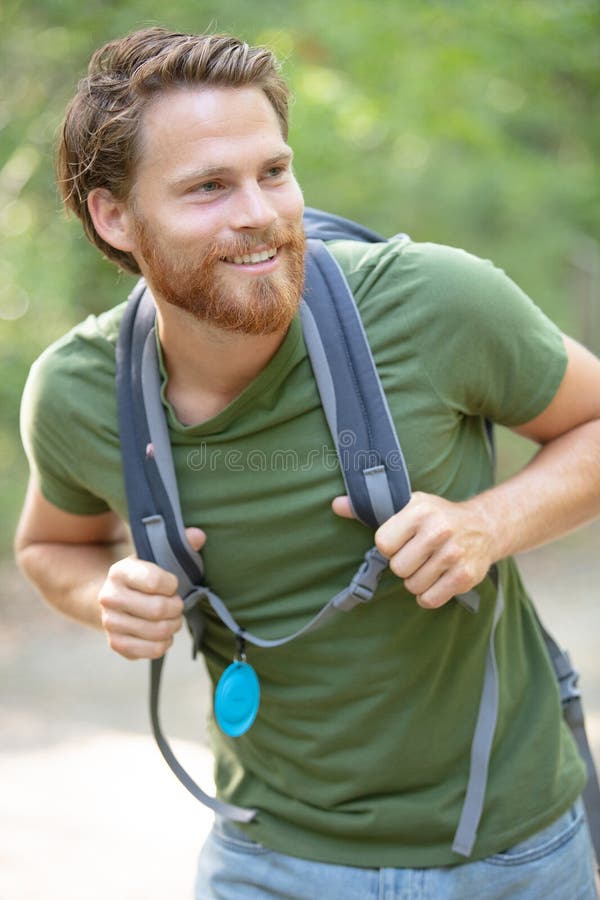 Man Traveling in Forest with Backpack Stock Photo - Image of adventure ...