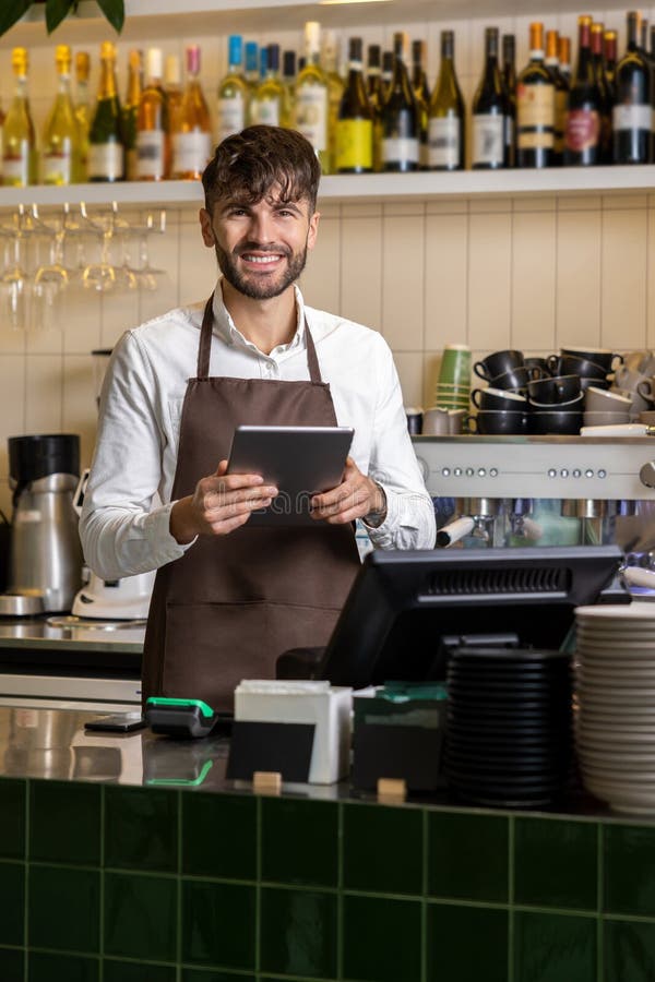 Bearded Man Bartender Standing with Digital Tablet at Coffee Shop ...